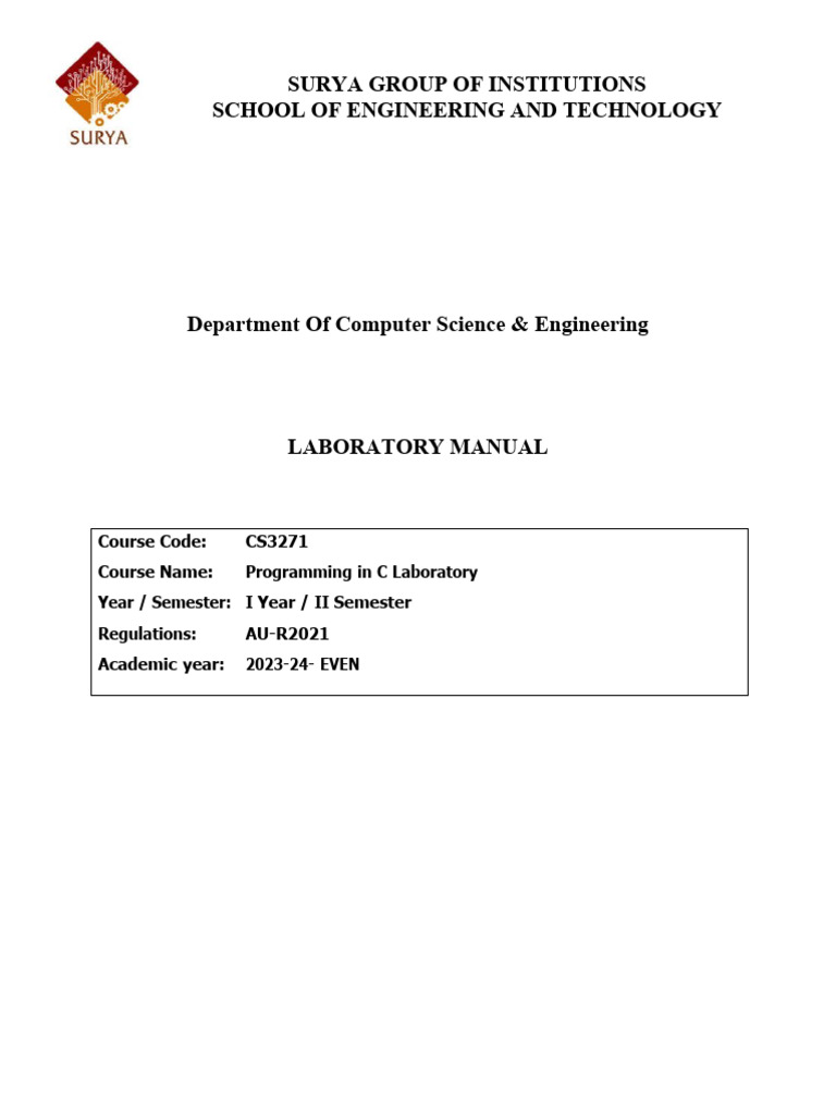 Cs3271 Programming In C Lab Manual Pdf Pointer Computer Programming C Programming Language 3879