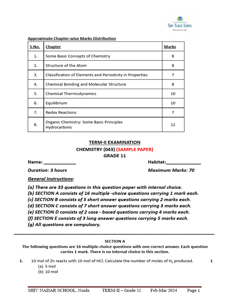 [SAMPLE PAPER]G11.Chemistry.QP.SA-2 (Band B) (2023-24) | PDF | Mole (Unit) | Chemistry