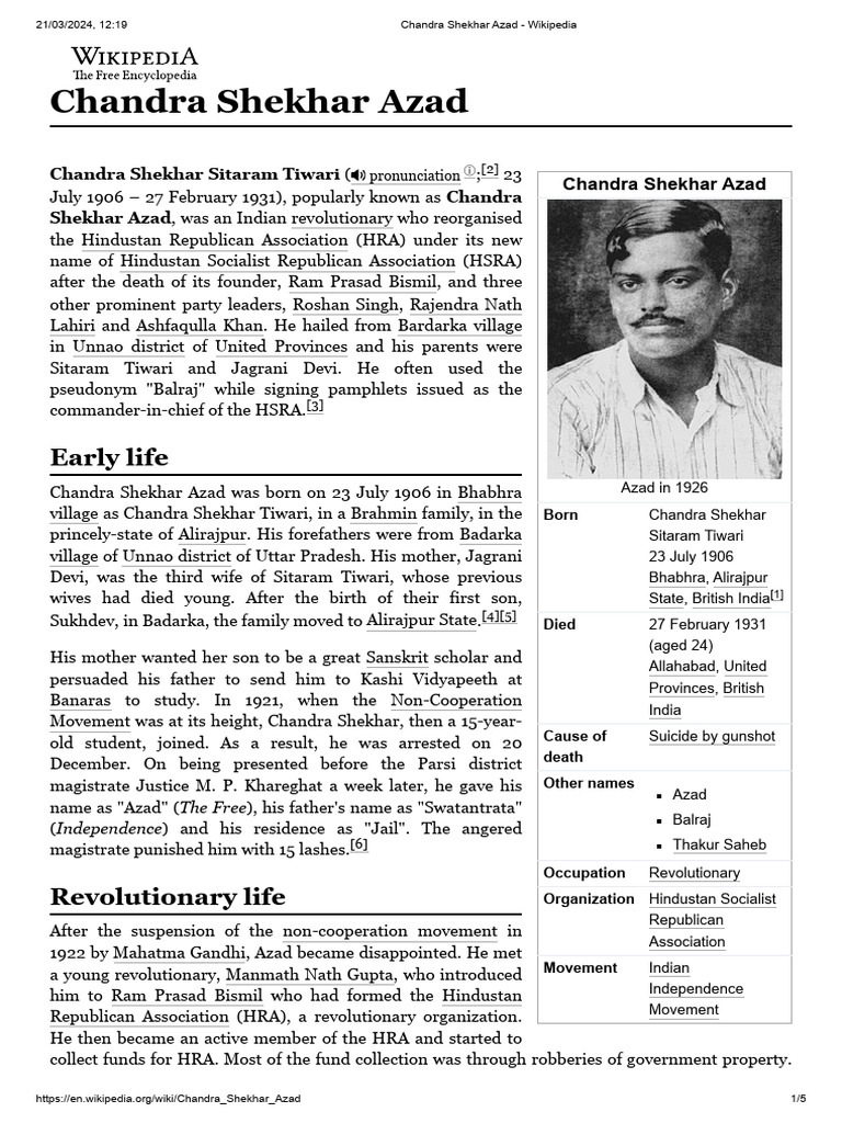 Chandra Shekhar Azad - Wikipedia | PDF | Indian Independence Movement ...
