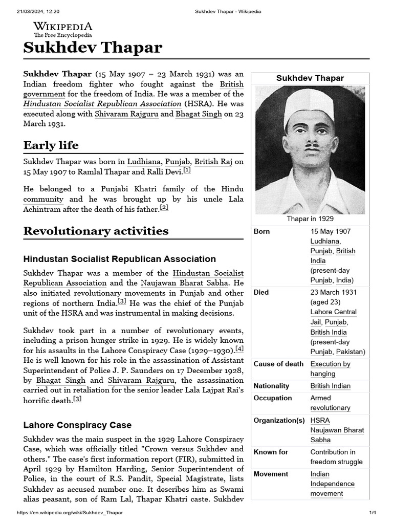 Sukhdev Thapar - Wikipedia | PDF | Indian Independence Movement ...