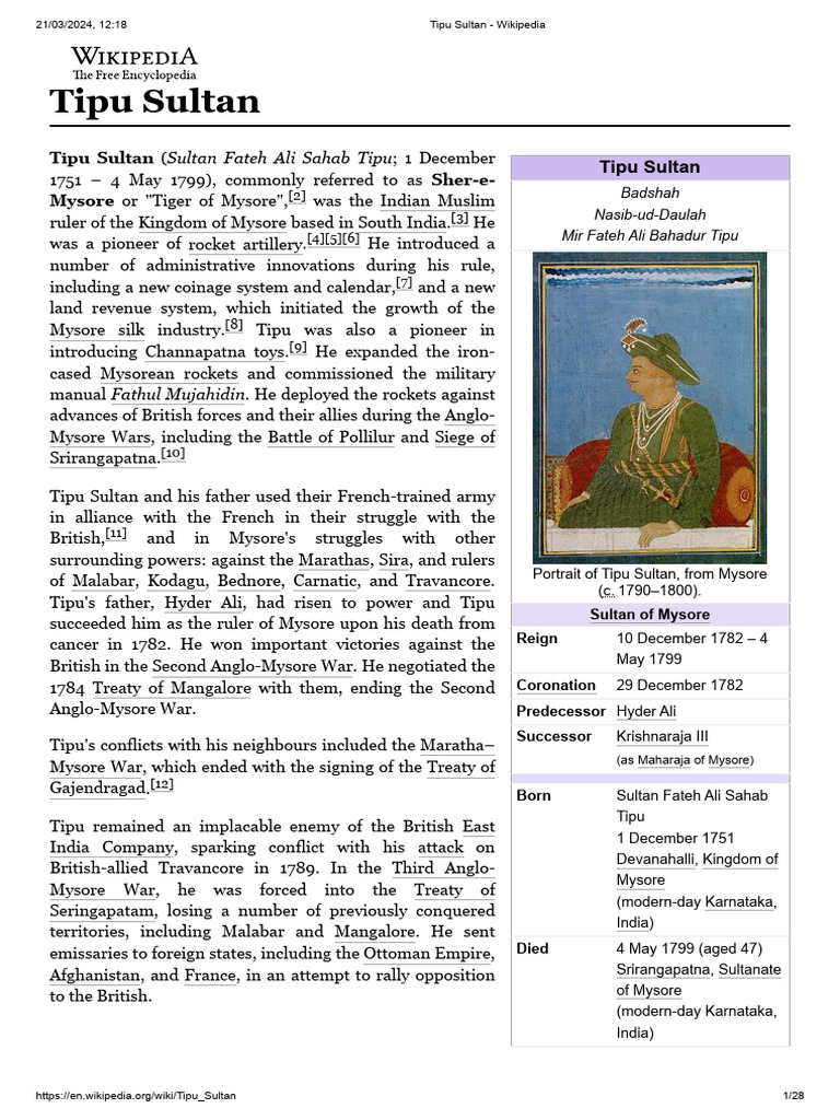 Tipu Sultan - Wikipedia | PDF