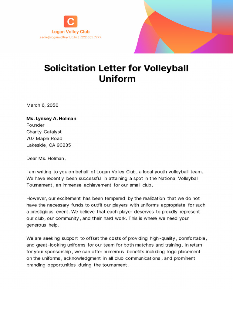 Solicitation Letter For Volleyball Uniform Template - Edit Online & Download Example | PDF