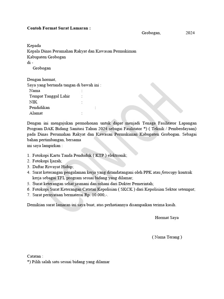 Format Surat Lamaran dan Pernyataan TFL | PDF