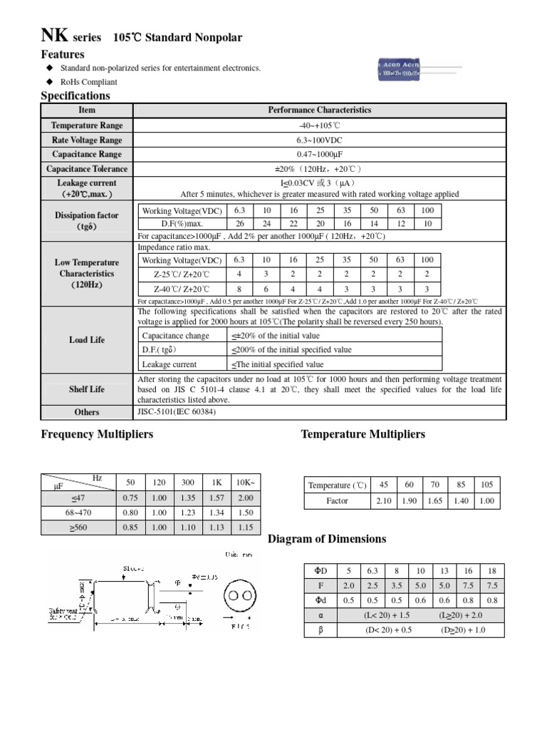 Acon (Radial Thru-Hole) NK Series | PDF | Capacitor | Capacitance