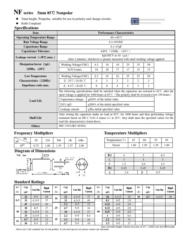 Acon (Radial Thru-Hole) NF Series | PDF | Capacitor | Capacitance