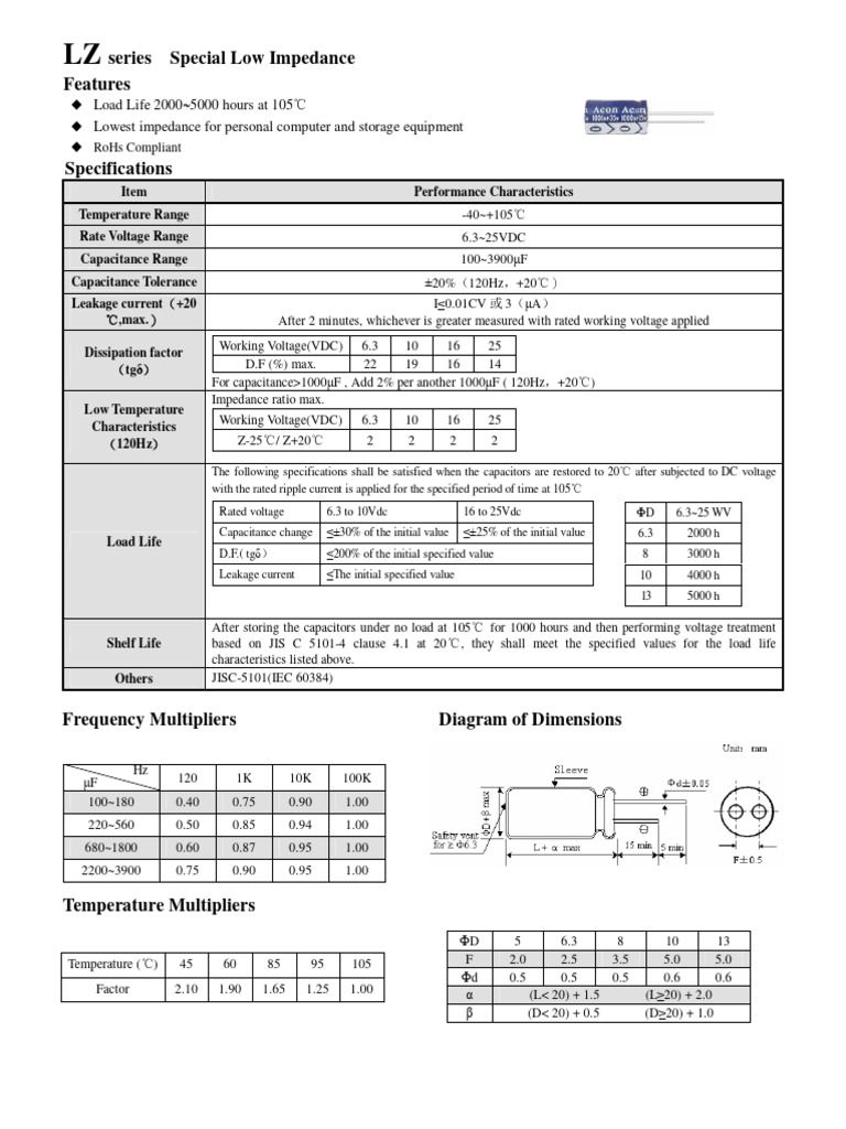Acon [radial thru-hole] LZ Series | PDF | Capacitor | Electrical Impedance
