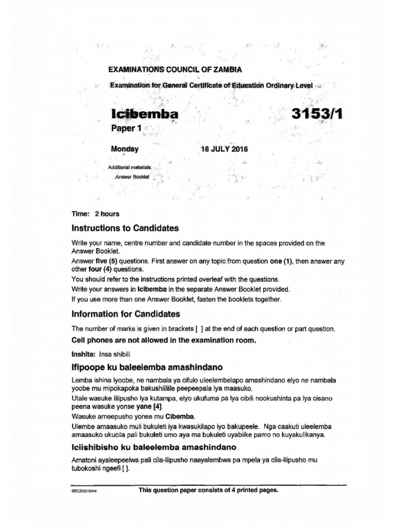 g12 Icibemba p1 2016 Gce | PDF