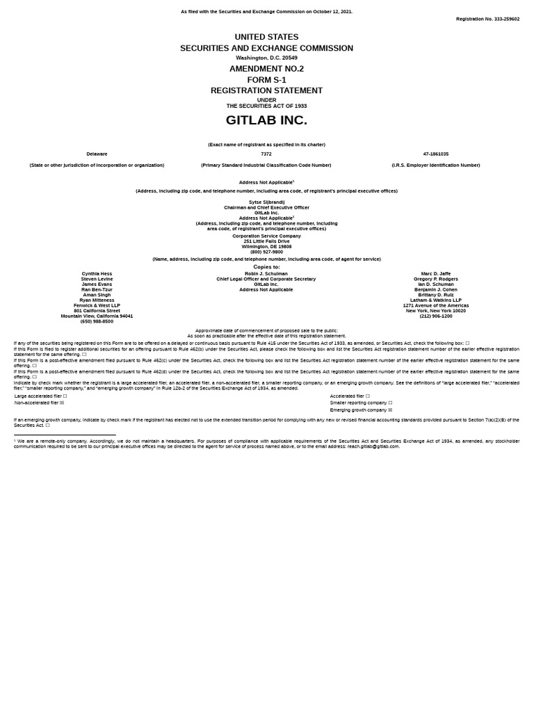 GitLab Inc. Class A IPO Registration Statement | PDF | Stocks ...
