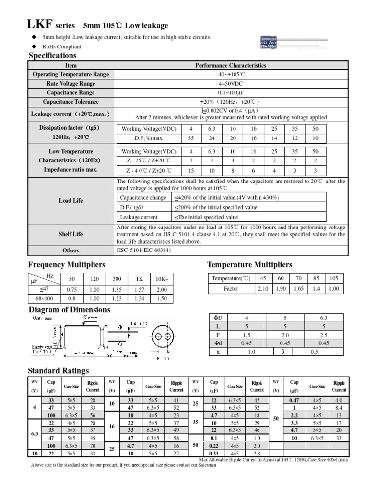 Acon (Radial Thru-Hole) LKF Series | PDF | Capacitor | Capacitance