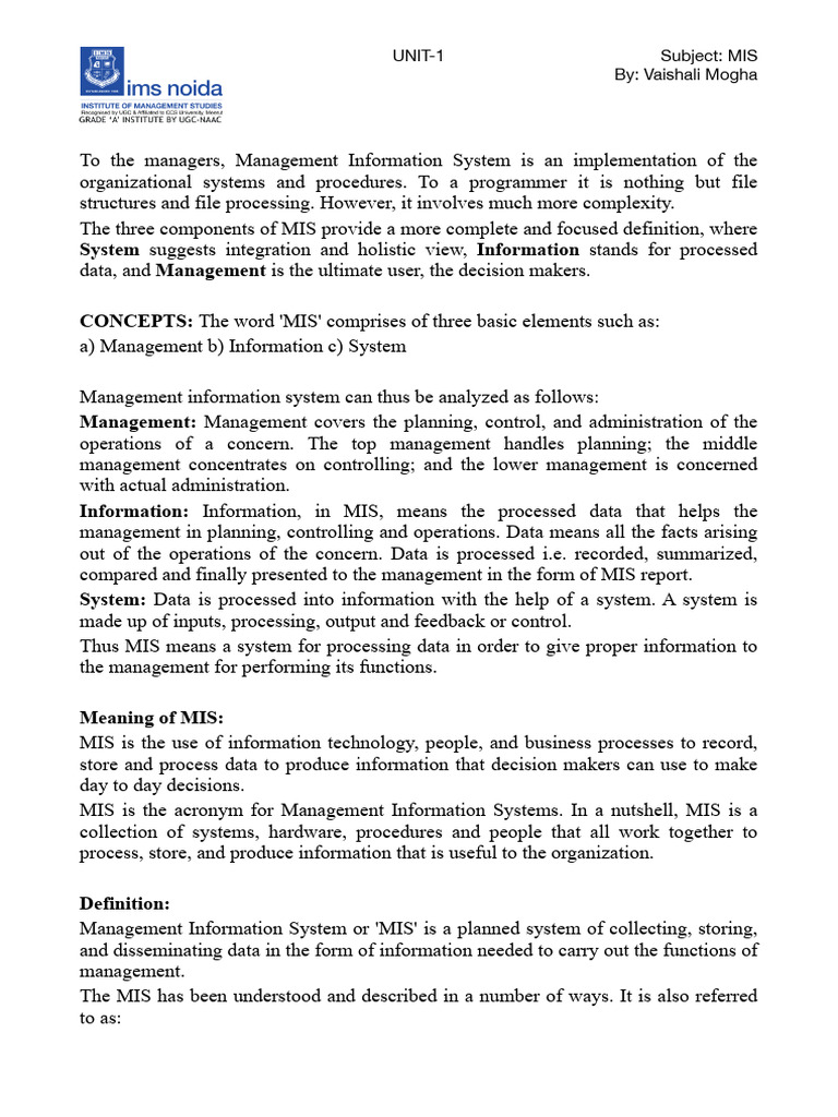 MIS Unit1 Lec1 | PDF | System | Management Information System