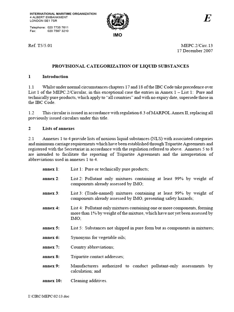 MEPC 2 Circ 13 | PDF | Chemical Substances | Chemical Compounds