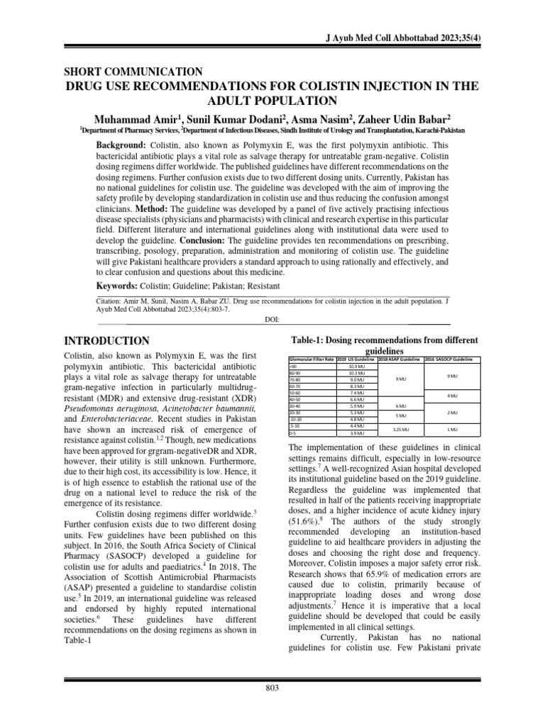 Colistin Injection Guidelines for Pakistan | PDF | Dose (Biochemistry ...