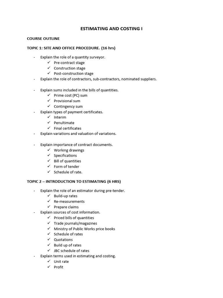 Estimating and Costing I - Modular Notes-1-1 | Download Free PDF ...