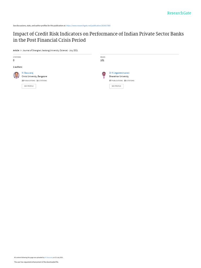 Impact of Credit Risk Indicators On Performance of Indian Private ...