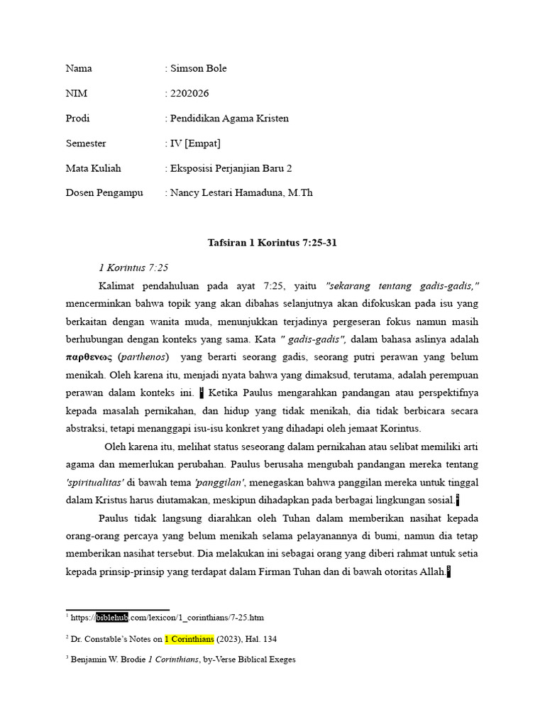 Eksposisi 1 Korintus 7 | PDF