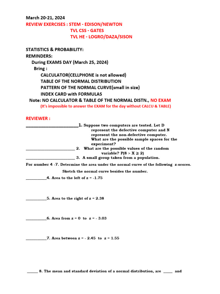 Stat. Prob. Reviewer 2024 | PDF | Normal Distribution | Probability Distribution