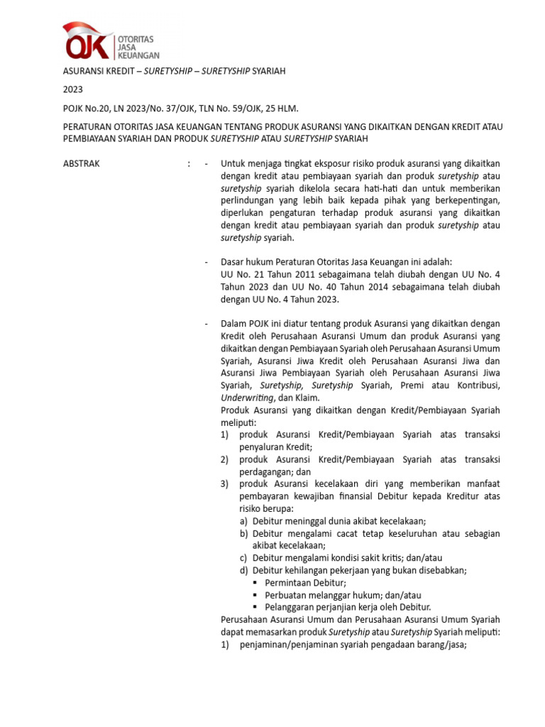 Abstrak POJK 20 Tahun 2023 Produk Asuransi Yang Dikaitkan Dengan Kredit Atau Pembiayaan Syariah ...