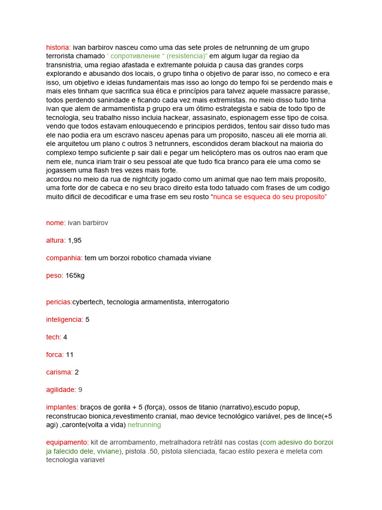 ficha ivan rpg oneshot | PDF