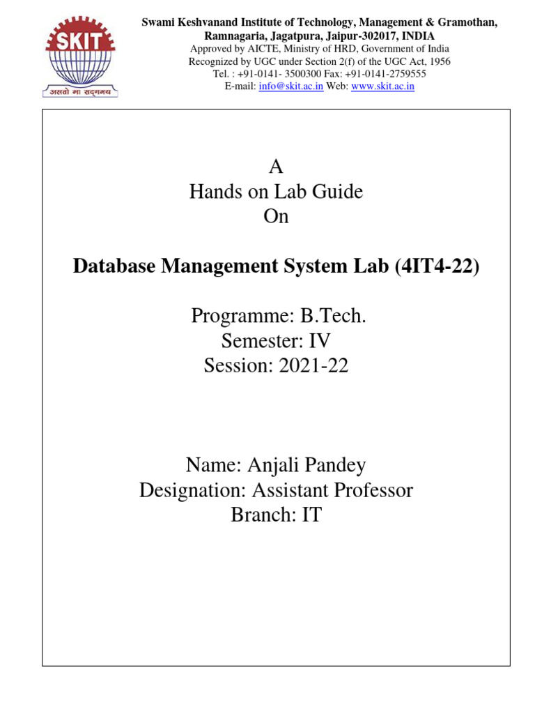 4IT4-22 - DBMS Lab Manual - Anjali Pandey | PDF | Table (Database) | Data Management