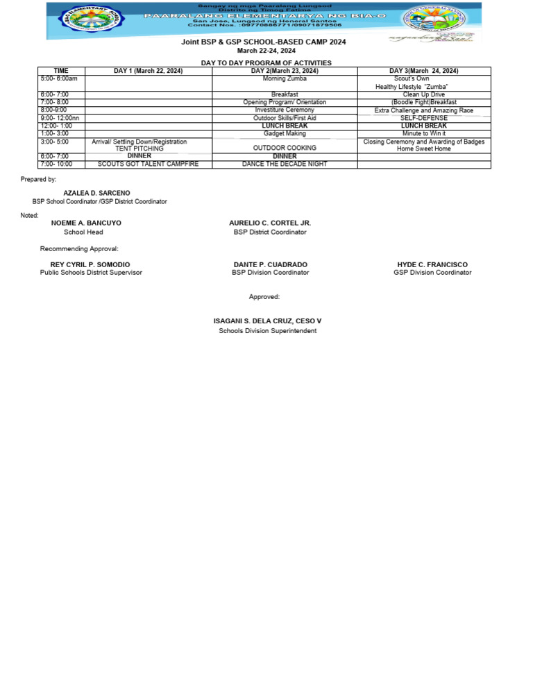 Joint BSP GSP Camp2024 | PDF | Meal | Youth Movements