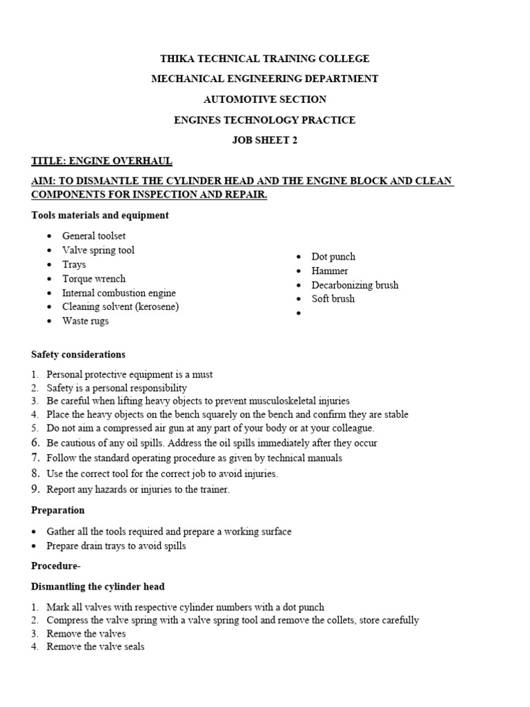 Engine Overhaul Jobsheet 2 | PDF | Engines | Internal Combustion Engine