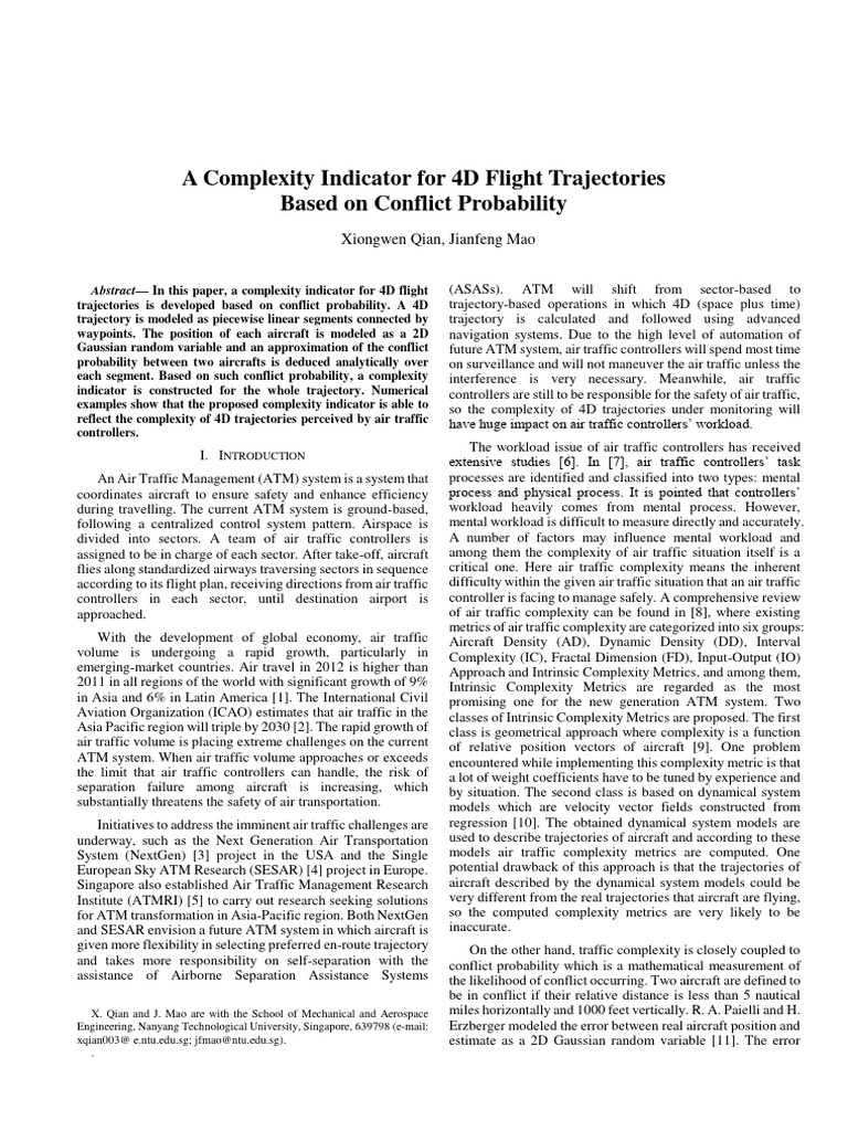 A Complexity Indicator For 4D Flight Trajectories Based On Conflict Probability | PDF | Air ...