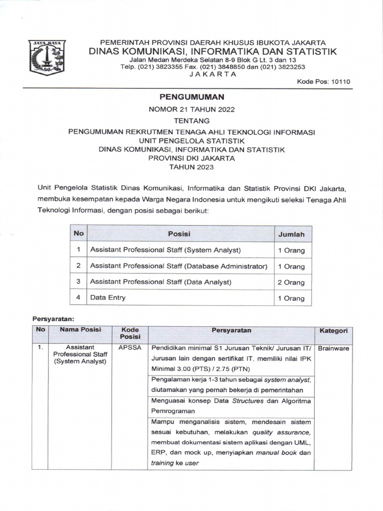 Pengumuman Rekrutmen TA UP Statistik 2023 | PDF