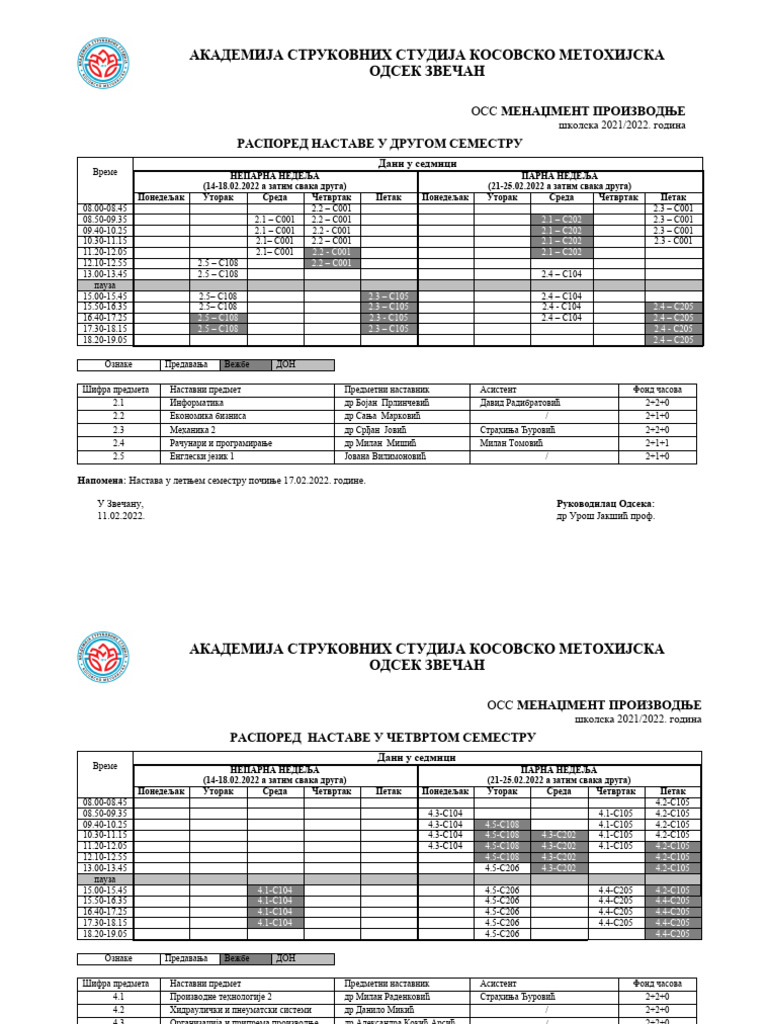 2 Raspored Nastave Za II, IV I VI semestar-MP-II 2021 - 22 | PDF