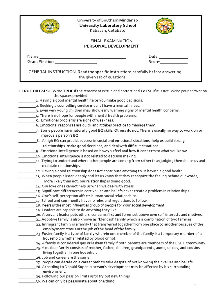 Personal Development Exam Guide | PDF | Intimate Relationships | Family