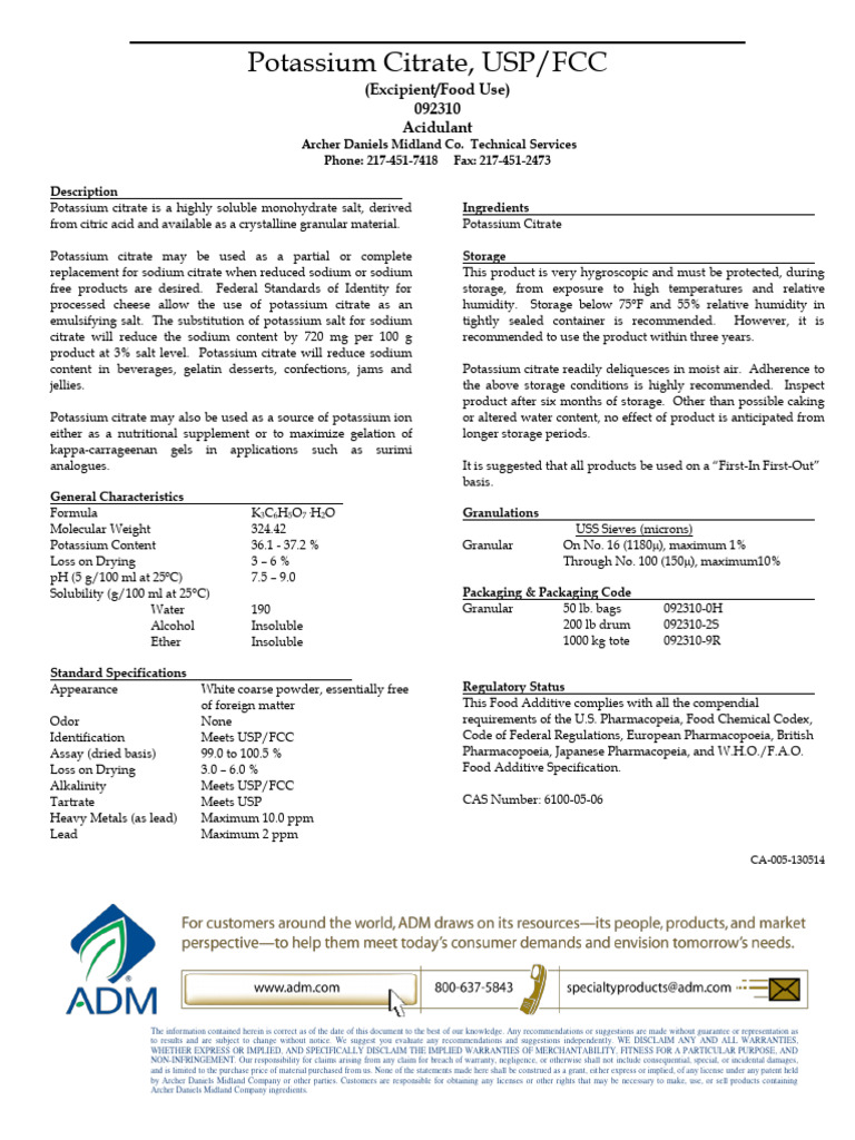 Potassium Citrate PDS | PDF | Potassium | Chemistry