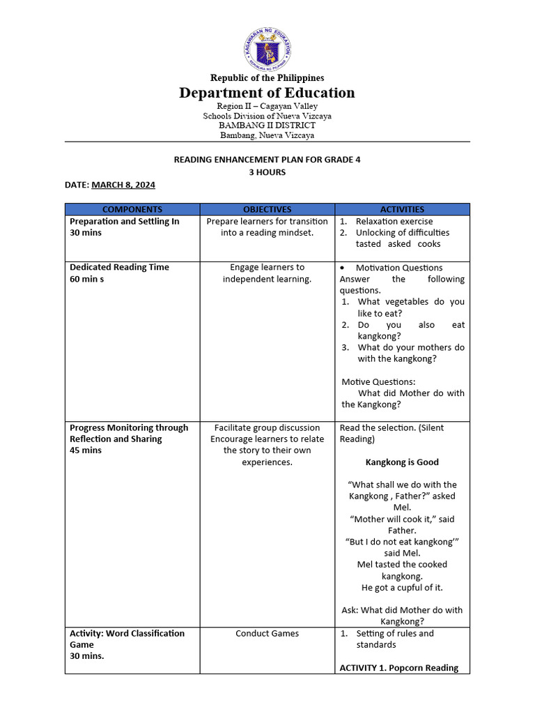 G4 - March 8 - Reading Enhancement Intervention | PDF | Learning ...