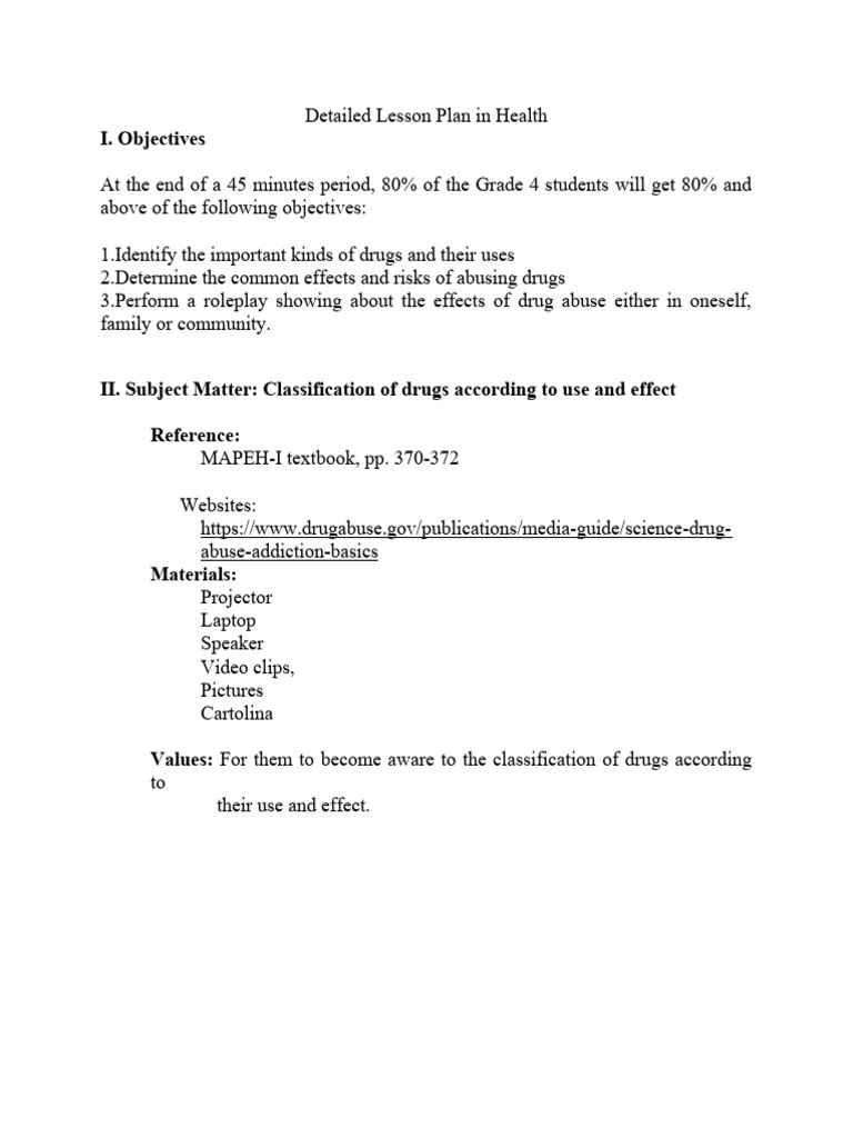 Grade 4 Health Lesson Plan: Drug Awareness | PDF | Hallucinogen | Drugs