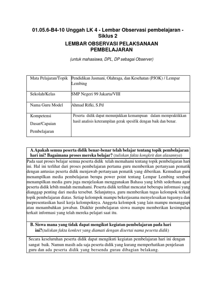 01.05.6-B4-10 Unggah LK 4 - Lembar Observasi Pembelajaran - Siklus 2 | PDF | Karier & Perkembangan