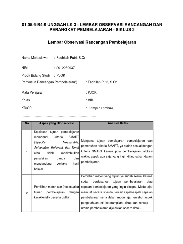 01.05.6-B4-9 Unggah LK 3 - Lembar Observasi Rancangan Dan Perangkat Pembelajaran - Siklus 2 | PDF