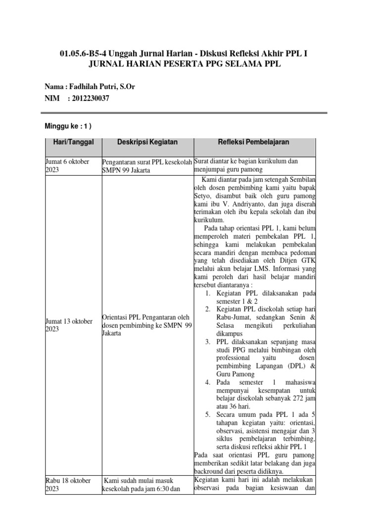 01.05.6-B5-4 Unggah Jurnal Harian - Diskusi Refleksi Akhir PPL I | PDF