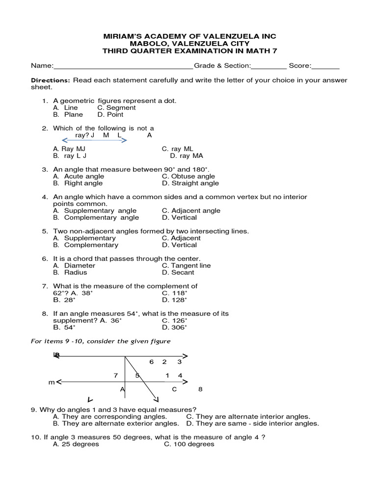 Grade 7 Math 3rd Quarter Exam | PDF | Angle | Triangle