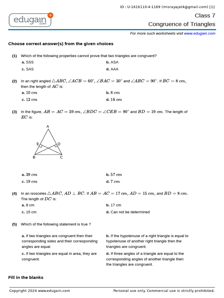 Congruence of triangles important questions | PDF | Triangle | Elementary Mathematics