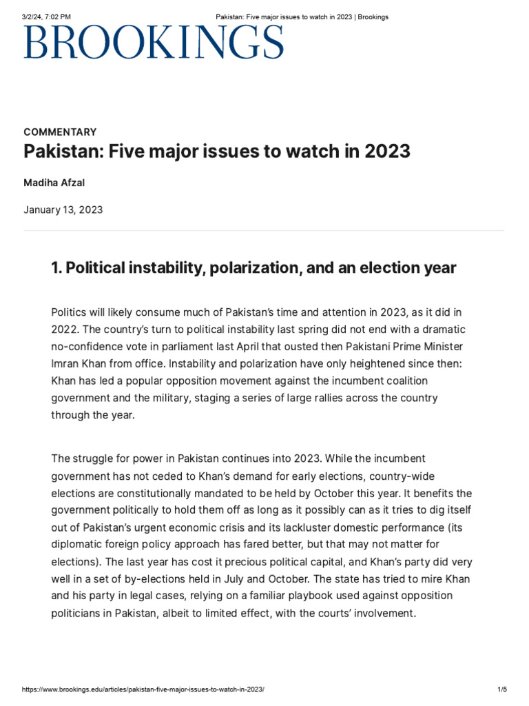 Pakistan - Five Major Issues To Watch in 2023 - Brookings | PDF ...