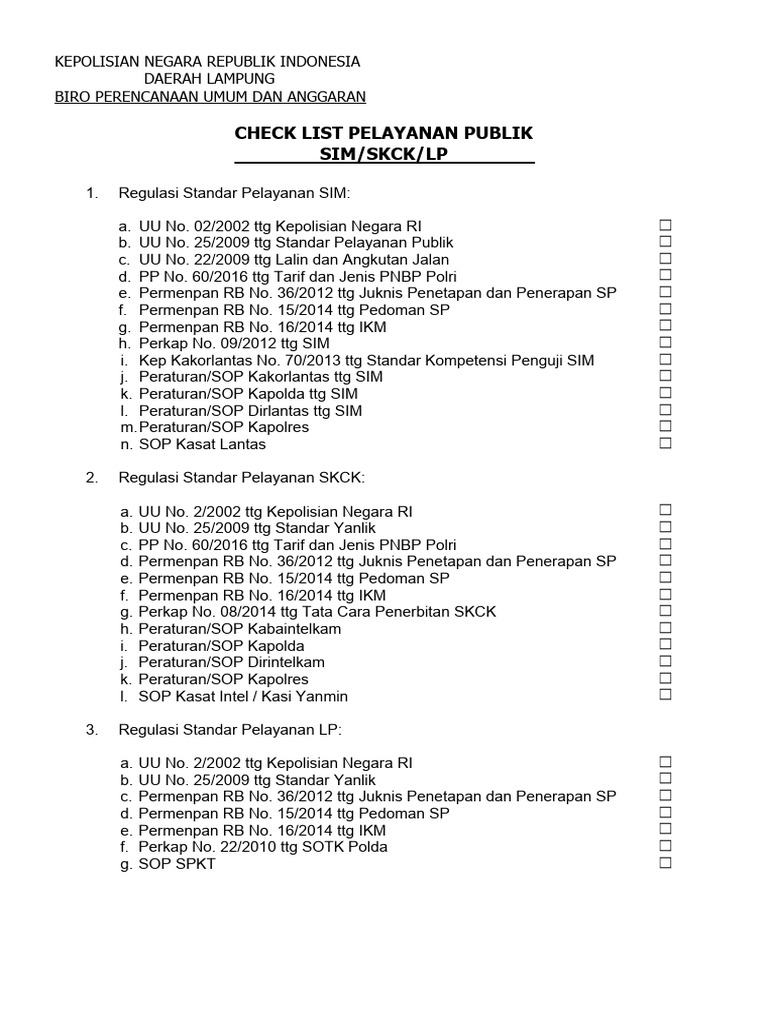 Checklist Pelayanan Publik Polri Lampung | PDF | Bisnis
