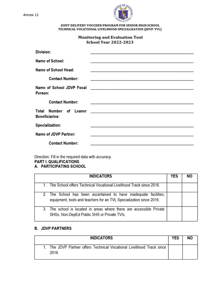 Annex 11 Monitoring and Evaluation Tool | PDF