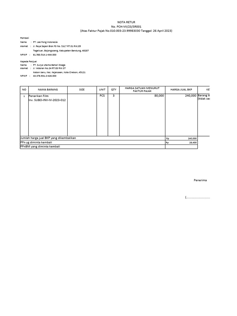 Nota Retur Barang PT Lee Fong | PDF