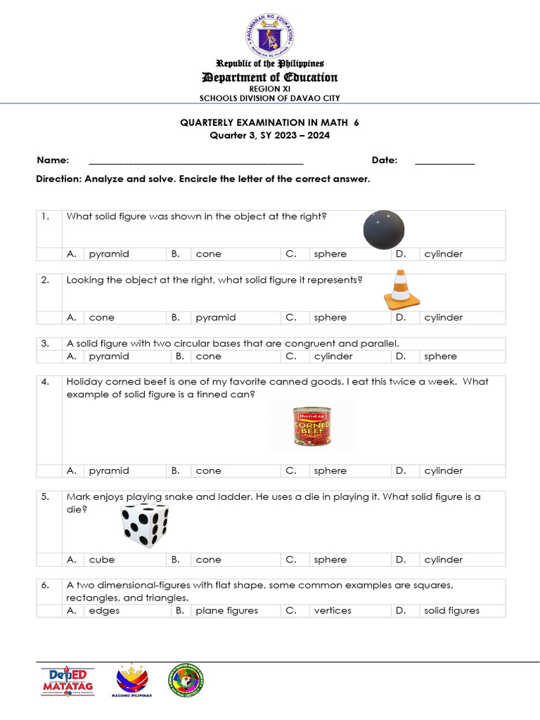 Grade 6 Math Quarterly Exam Q3 | PDF | Shape | Rectangle
