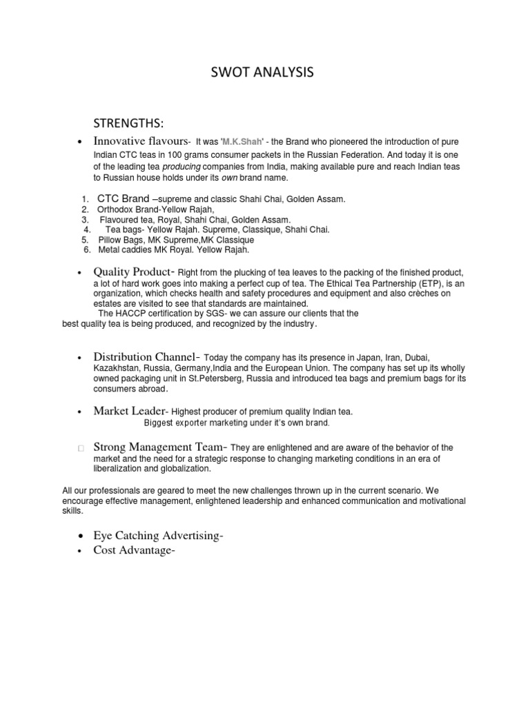 Swot Analysis | PDF | Tea | Labour Economics