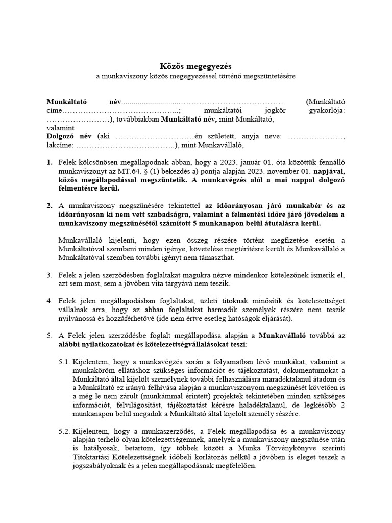 Felmondas Kozos Megegyezessel MINTA | PDF