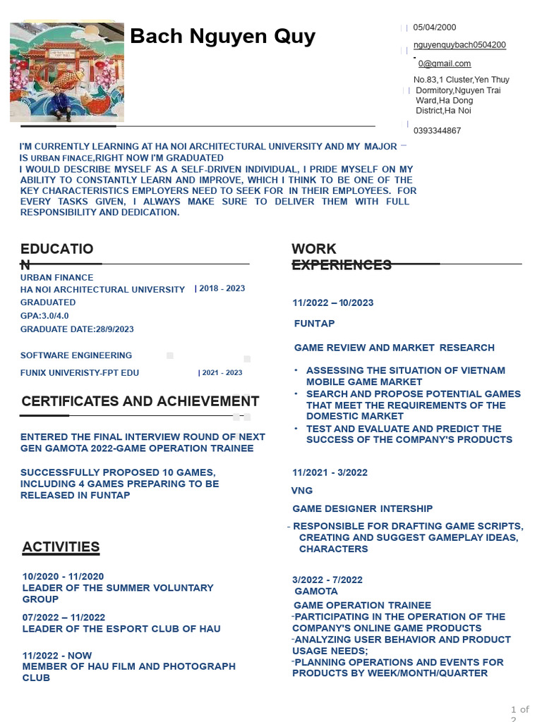 (HN) Game Designer Intern - Nguyễn Qúy Bách | PDF | Learning | Computing