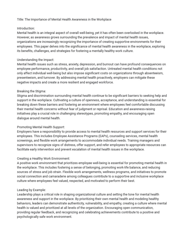 Title - The Importance of Mental Health Awareness in The Workplace ...