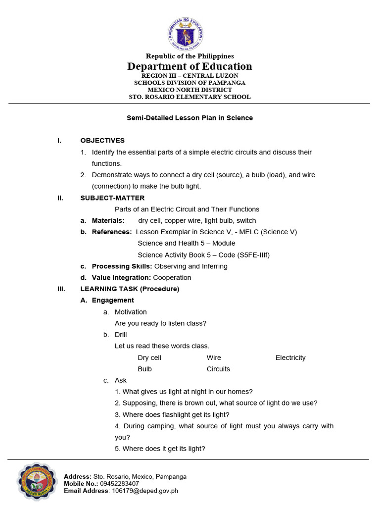 Semi-Detailed Lesson Plan Science - Ma'am Lucy | PDF | Electrical ...