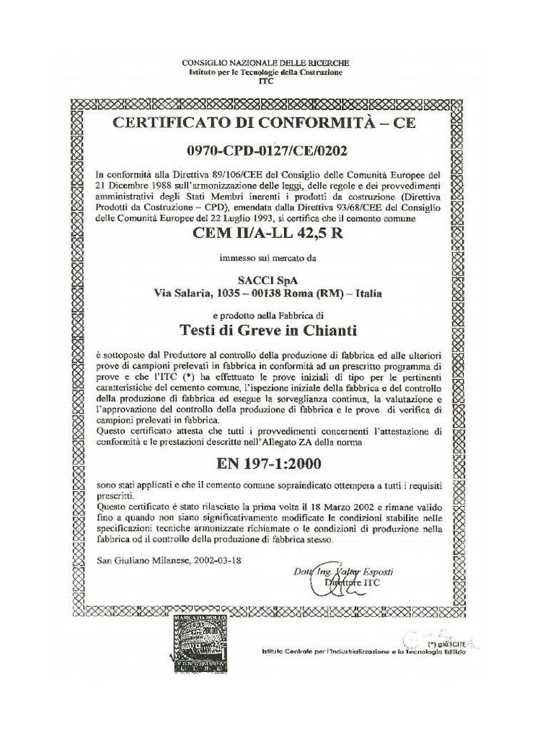 Certificato Di Conformità Cemento SACCI | PDF