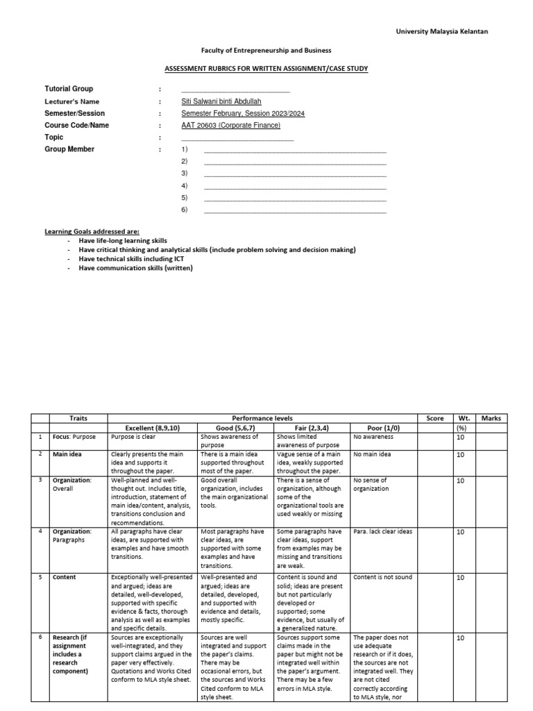 Assessment Rubrics For Group Assingment | PDF | Proofreading | Cognition