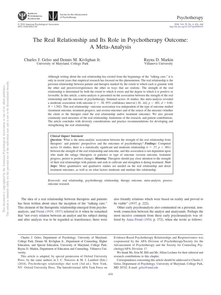 The Real Relationship and Its Role in Psychotherapy Outcome | PDF ...